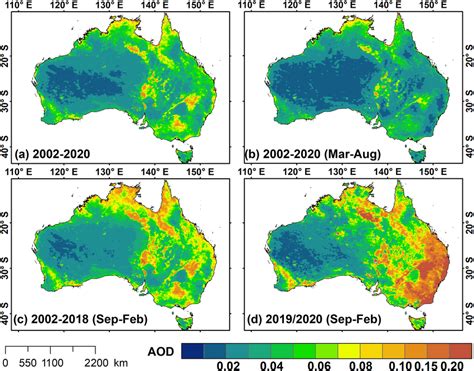 spatial distributions of aqua modis db aod at 550 nm over australia