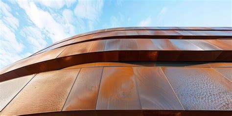 Stunning Close Up Of Architectural Building With Copper Cladding Against Blue Sky Modern