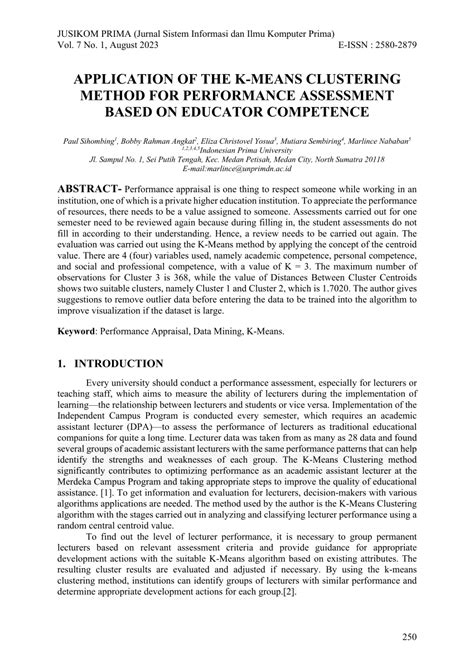 pdf application of the k means clustering method for performance assessment based on educator