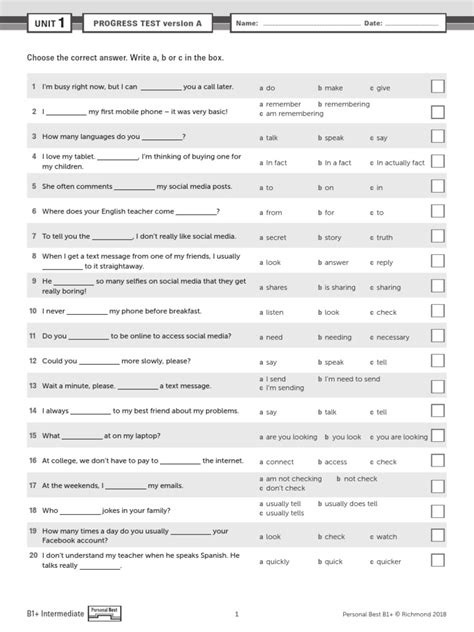 Progress Test Version A Choose The Correct Answer Write A B Or C In The Box Pdf Social