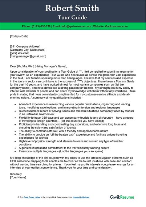 Tour Guide Cover Letter Examples QwikResume