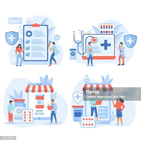 온라인 약국 벡터입니다 웹 사이트 디자인 배너 방문 페이지에 대 한 작은 문자가 있는 평면 벡터 그림 의약품 및 의약품을 온라인으로 구입하십시오 전자 상거래 사이트 디자인