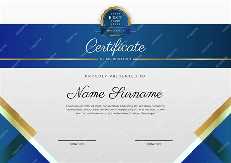 감사장 템플릿 금색과 파란색 금색 배지가 있는 깨끗한 현대 인증서 고급스럽고 현대적인 라인 패턴이 있는 인증서 테두리 템플릿 졸업장 벡터 템플릿 프리미엄 벡터