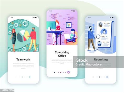 팀웍 Coworking 사무실 직원 채용 모바일 응용 프로그램 서식 파일에 대 한 온 보 딩 스크린 사용자 인터페이스 키트 세트