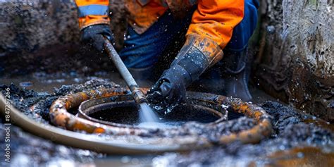 Man Cleaning Septic Tank For Sewage Removal Service Concept Septic