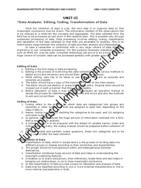 Unit Ii Data Analysis Editing Coding Transformation Of Data Pdf