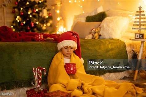 귀여운 금발 유아 미취학 소년 쿠키를 먹고 아늑한 집에서 크리스마스에 선물을 엽니 다 가정 생활에 대한 스톡 사진 및 기타