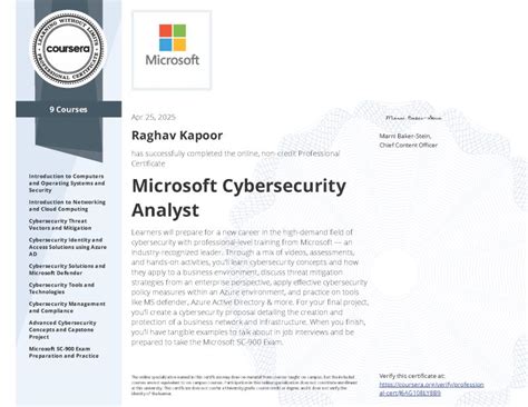 Cybersecurity Microsoft Coursera Sc900 Cybersecurityanalyst Azure Professionalcertificate