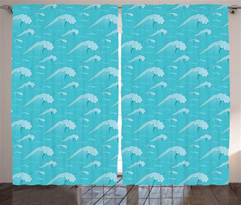 Teal Decor Curtains 2 Panels Set Waves Pattern In Ocean Summertime