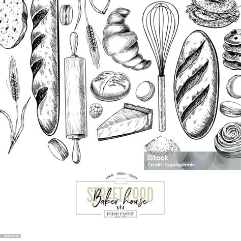 베이커리 세트 손으로 그린 빵 덩어리 크루아상 프레첼 마카롱 파이 바게트 밀가루 페이스트리 벡터 는 배너를 새겨 레스토랑과 카페 메뉴 베이커 숍 페이스트 과자 디자인 템플릿