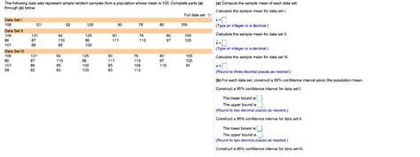 solved the following data sets represent simple random