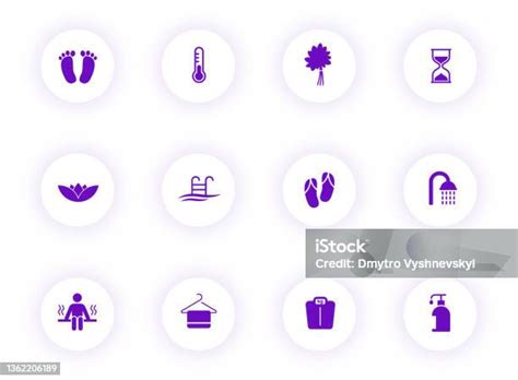 보라색 그림자가있는 밝은 둥근 버튼에 사우나 보라색 색상 벡터 아이콘 웹 모바일 앱 Ui 디자인 및 인쇄를 위한 사우나 아이콘 세트 로고에 대한 스톡 벡터 아트 및 기타