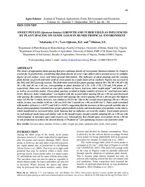 Pdf Sweet Potato Ipomoea Batatas Growth And Tuber Yield As Influenced By Plant Spacing On