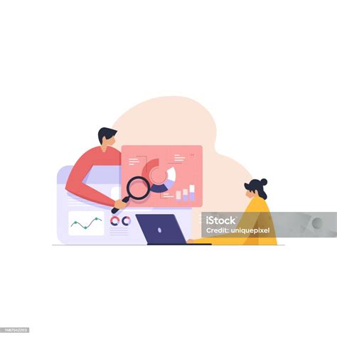 마케팅 리서치 및 비즈니스 데이터 통계 돋보기가 있는 seo 분석가 성장 차트 데이터 계획에 대한 스톡 벡터 아트 및 기타