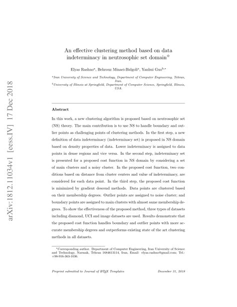 Pdf An Effective Clustering Method Based On Data Indeterminacy In Neutrosophic Set Domain