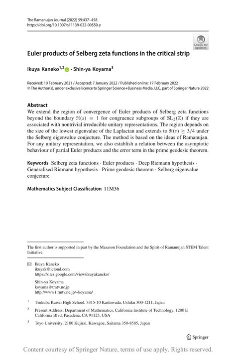 Euler Products Of Selberg Zeta Functions In The Critical Strip Request Pdf