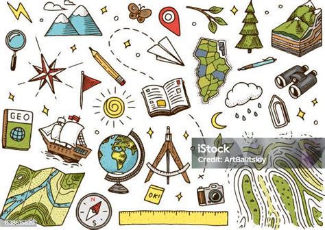 지리 기호의 집합입니다 웹 배너 장비 웹 배너에 대 한 빈티지 윤곽선 스케치 낙서 스타일입니다 교육 개념입니다 학교 배경으로