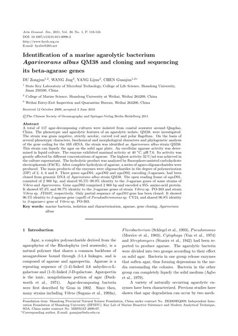 Pdf Identification Of A Marine Agarolytic Bacterium Agarivorans Albus Qm38 And Cloning And