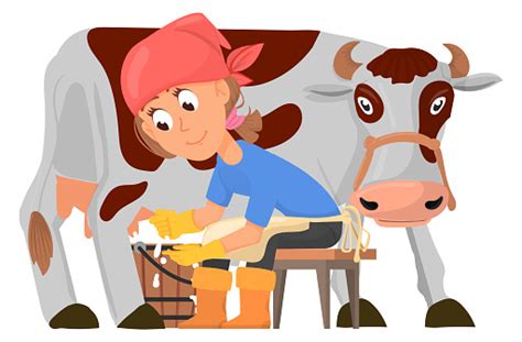 젖소를 착유하는 소녀 만화 여자 농부 캐릭터 흰색에 고립 건초 식물에 대한 스톡 벡터 아트 및 기타 이미지 건초 식물 녹색 농부 Istock
