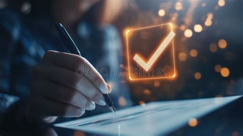 Woman Completes Document With Checkmark Verification Showing Approval And Accuracy On Final