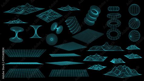 Retro Futuristic Design Elements 3d Wireframe Shapes Cyberpunk Windows And Distorted Meshes