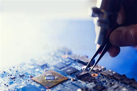 Man Putting Microchip On The CPU Board Stock Photo Image Of Close Installation