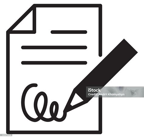 연필로 서명이 추가되는 문서의 미니멀리스트 아이콘입니다 계약 계약 권한 부여 또는 확인을 나타냅니다 비즈니스 법률 또는 교육 테마에 사용합니다 가입서에 대한 스톡 벡터 아트