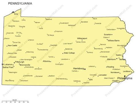Pennsylvania Outline Map With Capitals And Major Cities Digital Vector