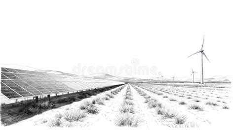 Black And White Sketch Of Field With Grid Like Pattern Rows Extend To Horizon Stock
