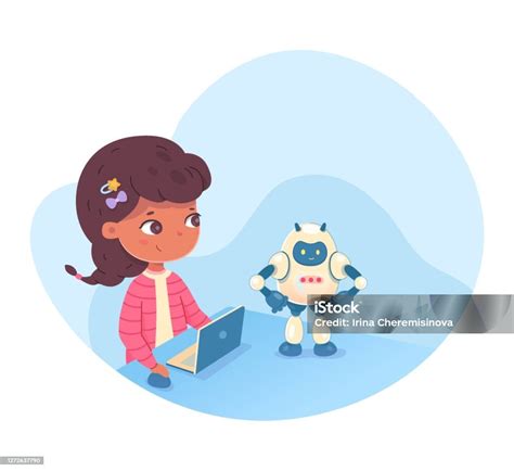 노트북에서 로봇을 가지고 노는 아이 컴퓨터에서 소녀 코딩 및 엔지니어링 과학 프로젝트 주말 취미 활동 벡터 스마트 한 아이 데