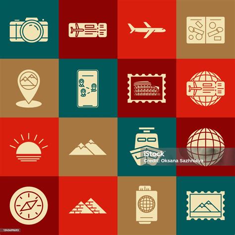 우편 스탬프와 산 지구 지구 항공권 비행기 도시지도 탐색의 인포 그래픽 산 사진 카메라와 콜로세움 아이콘지도 포인터를 설정합니다