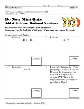 Adding And Subtracting Rational Numbers Mini Quiz NS TpT