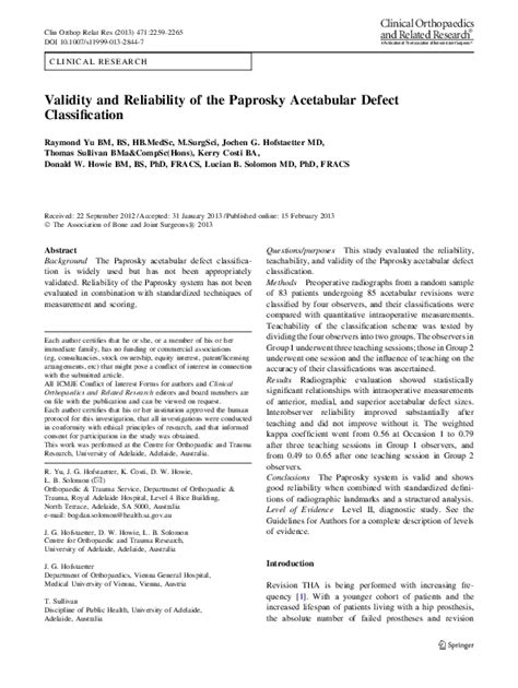 Pdf Validity And Reliability Of The Paprosky Acetabular Defect