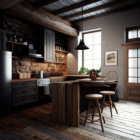 Rustic Kitchen Interior Design Stock Illustration Illustration Of