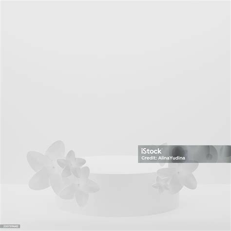 3d 사실적인 연단 배경 흰색 배경에 흰색 원통형 받침대 장식 모형 3d 렌더링으로 흰색 봄 꽃 배치 제품 쇼케이스 플랫폼을 위한 봄 무대 0명에 대한 스톡 사진 및 기타