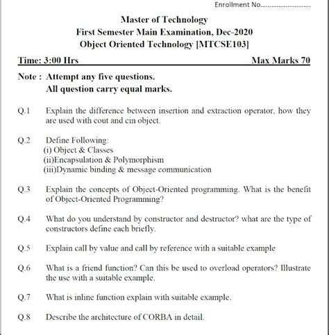 Dr Apj Abdul Kalam University Mtech I Sem Cse Object Oriented