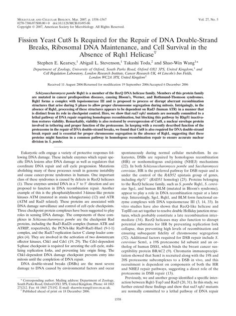 Pdf Fission Yeast Cut8 Is Required For The Repair Of Dna Double Strand Breaks Ribosomal Dna