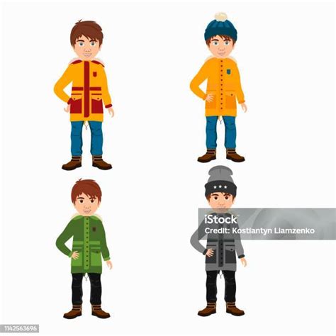 벡터 일러스트 레이 션 설정 귀여운 소년 청바지 파커와 겨울 모자를 입고 개체 그룹에 대한 스톡 벡터 아트 및 기타 이미지 개체 그룹 겨울 귀여운 Istock