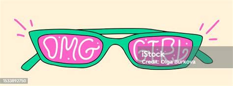 트렌디한 복고풍 만화 선글라스 여성스러운 1990년대 작품 Omg 소녀의 레터링 슬로건 밝은 색상 그래픽 티셔츠 스트리트웨어 포스터를 위한 귀여운 스티커 낙서 드로잉에 대한