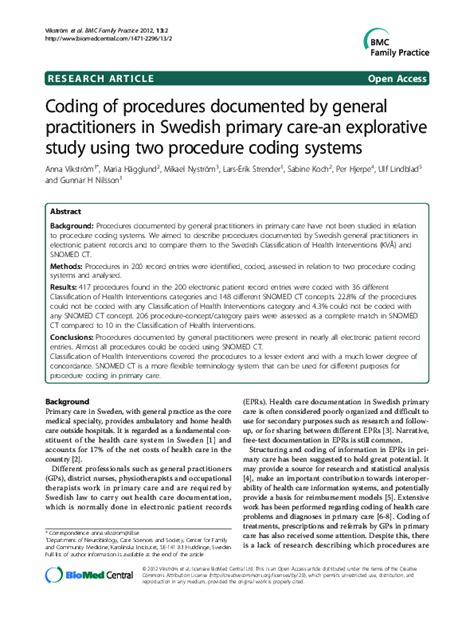 Pdf Coding Of Procedures Documented By General Practitioners In Swedish Primary Care An