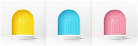 아치 창 배경에 노란색 파란색 분홍색이 있는 흰색 실제 3d 실린더 받침대 세트 프리미엄 벡터