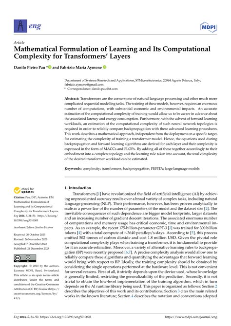 Pdf Mathematical Formulation Of Learning And Its Computational Complexity For Transformers Layers