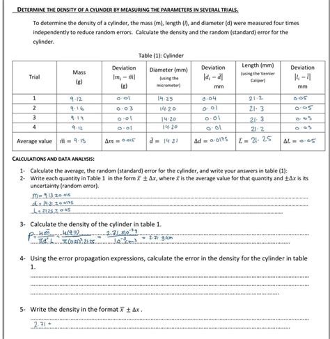 Solved DETERMINE THE DENSITY OF A CYLINDER BY MEASURING THE Chegg Com