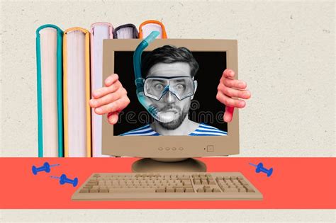 Composite Photo Collage Of Funny Man Wear Swim Equipment Peek Computer Monitor Screen Office