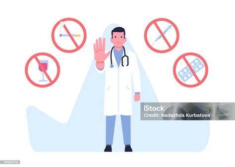 의사는 흡연 알코올 및 마약의 위험에 대해 경고합니다 나쁜 습관 나쁜 건강 영향 환자에 대한 경고 정보 건강에 해로운 생활 방식 만화 플랫 스타일 격리 벡터 개념 경계