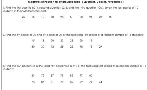 measures of position for ungrouped data quartiles deciles percentiles