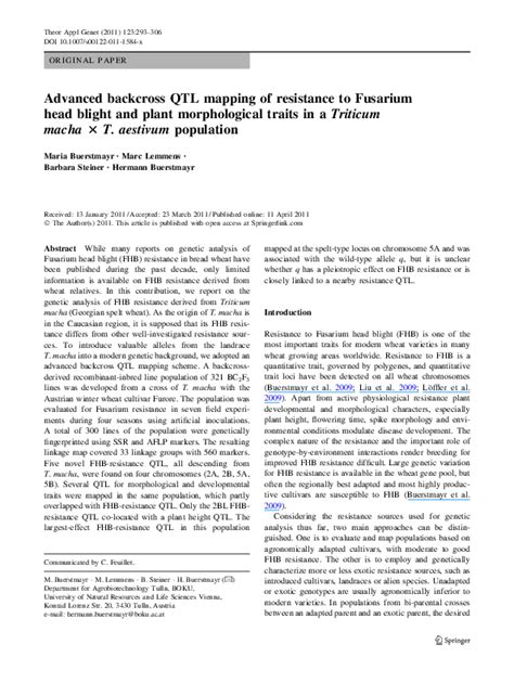 Pdf Advanced Backcross Qtl Mapping Of Resistance To Fusarium Head