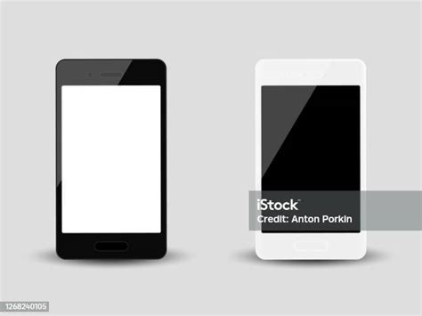 현실적인 스마트 폰 모형 세트 회색 배경에 검은 색과 흰색 전화 휴대 전화 디스플레이 전면 보기 모의 3차원 형태에 대한 스톡 벡터 아트 및 기타 이미지 Istock