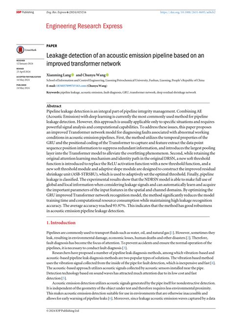 Leakage Detection Of An Acoustic Emission Pipeline Based On An Improved Transformer Network