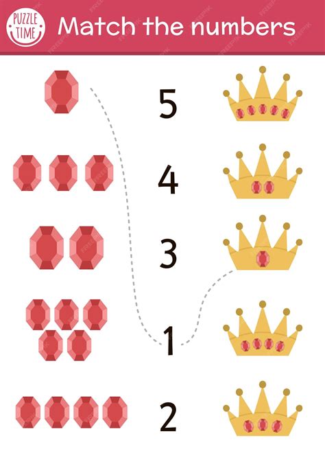 왕관과 보석으로 숫자 게임 맞추기 미취학 아동을 위한 동화 수학 활동 Magic Kingdom 교육용 인쇄 가능한 계산 워크시트